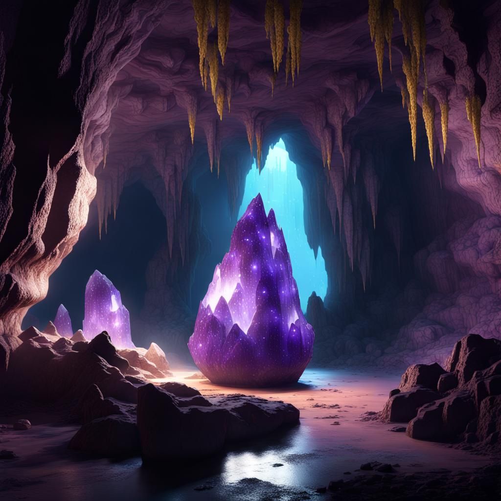 Hyper realistic amethyst in huge cave with glowing blue ores and ...