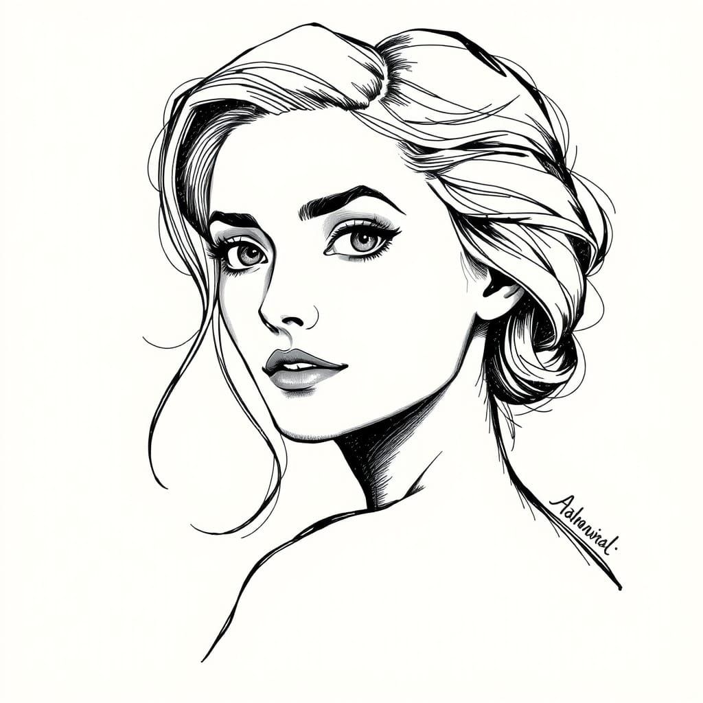 Ink Drawing Portrait of Elegant Woman - AI Art