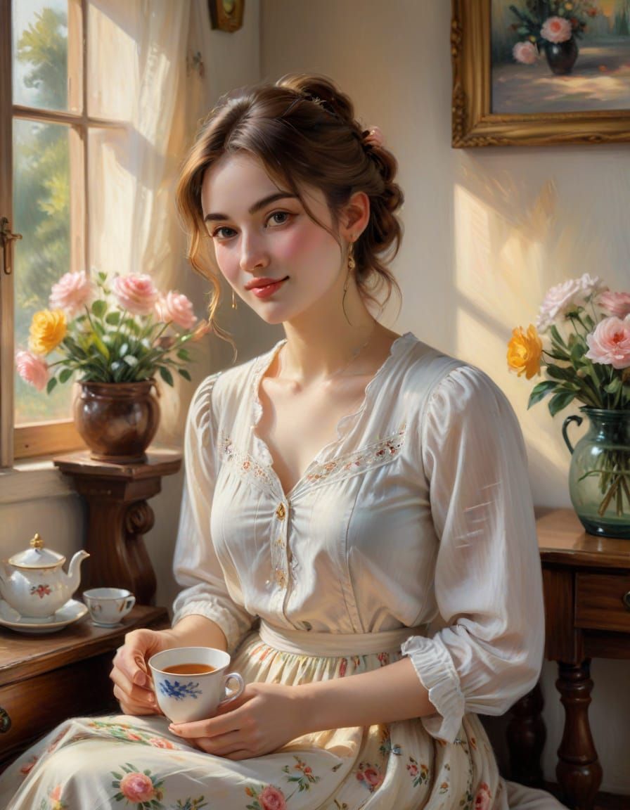 Young Woman Sips Tea in a Cozy Impressionist Setti... - AI Art