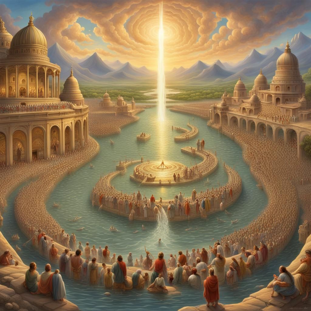 Great flowing rivers converging at a holy ancient site, masses of ...