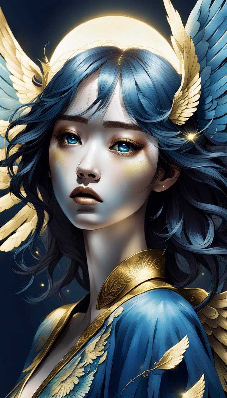 Unique angle of view, Draw a light on a blue - faced girl's face, angel ...