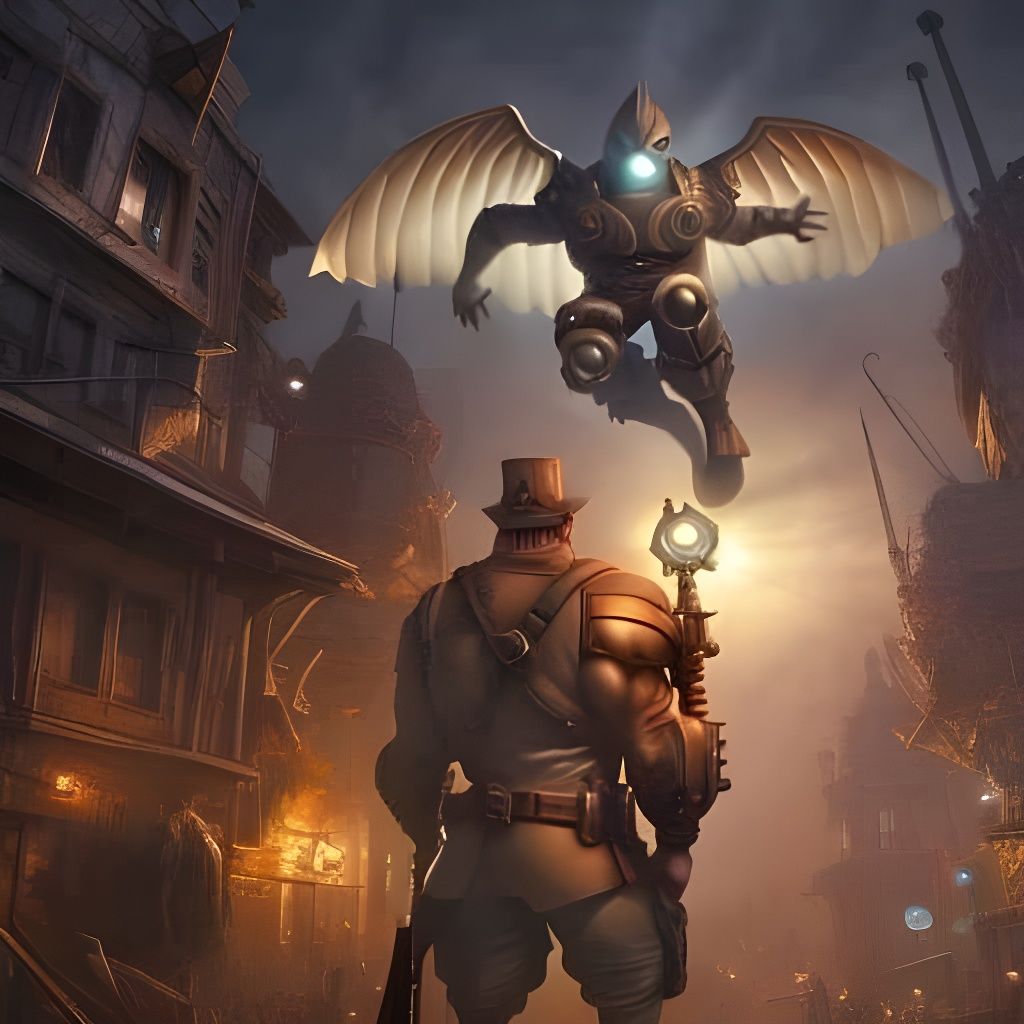 explorer facing mechanical steampunk bird-man with glowing eyes in sky ...