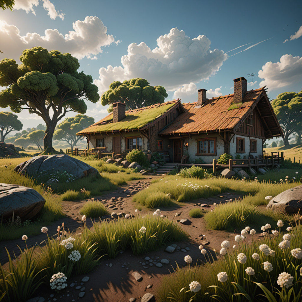 Epic Earth Sheltered Home in Open Field, Hyper-Rea... - AI Art