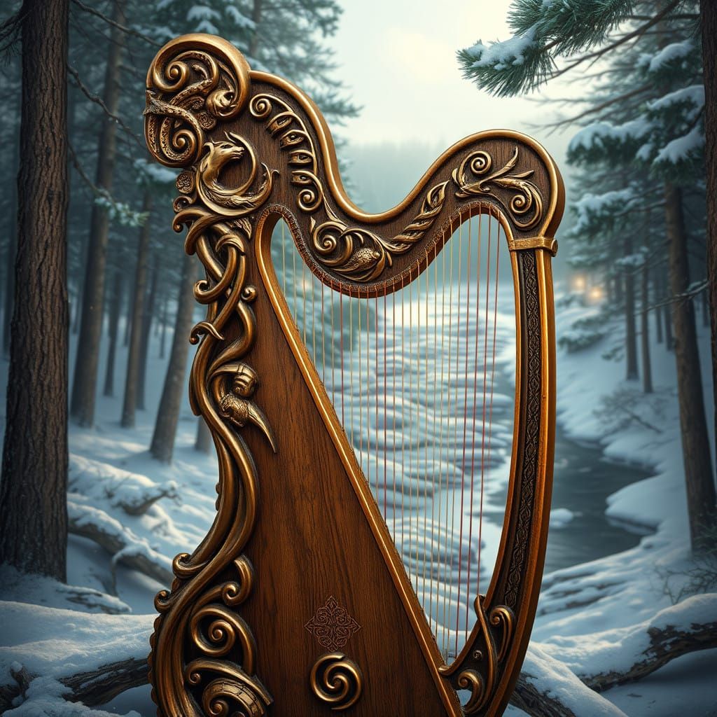Ethereal Celtic Harp in Pine Forest Winter Landsca... - AI Art