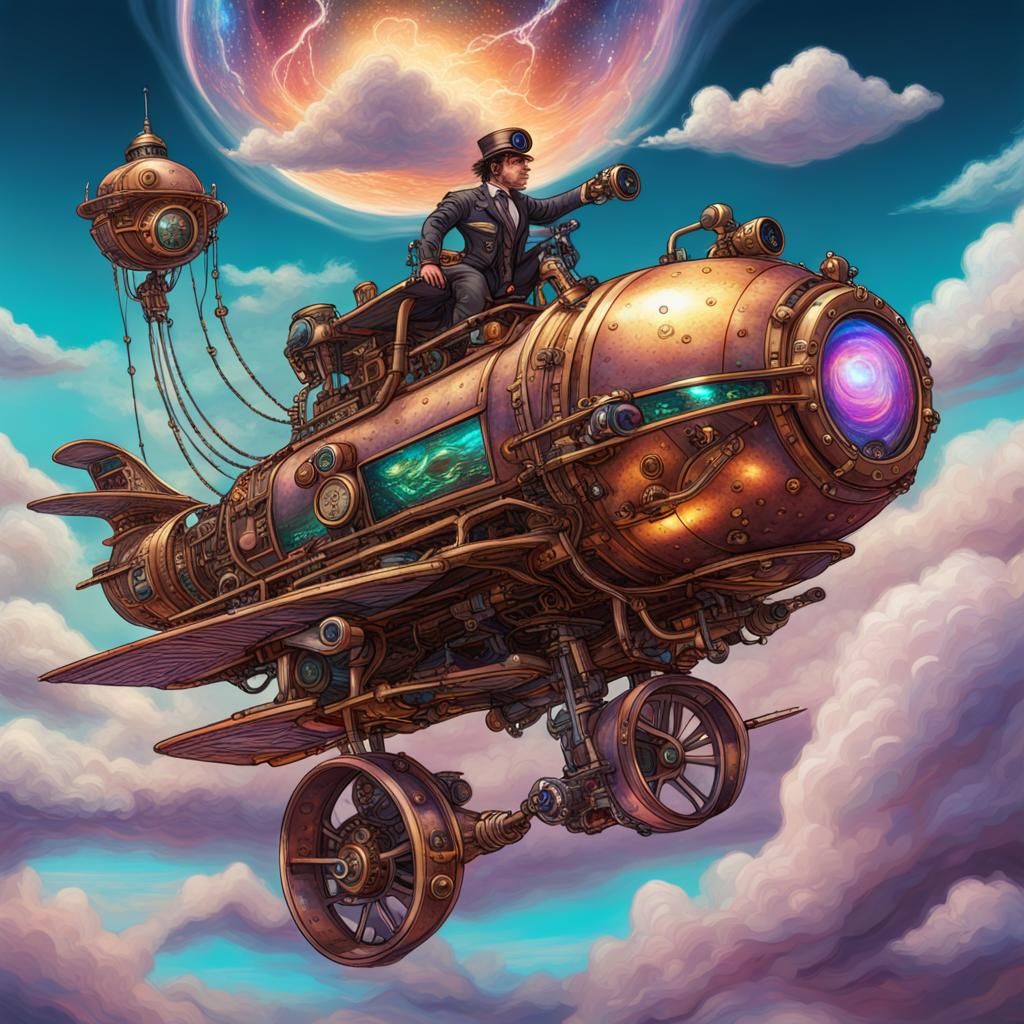 photographic evidentiary action shot of a steampunk flight cloud-hopper runabout powered by ...