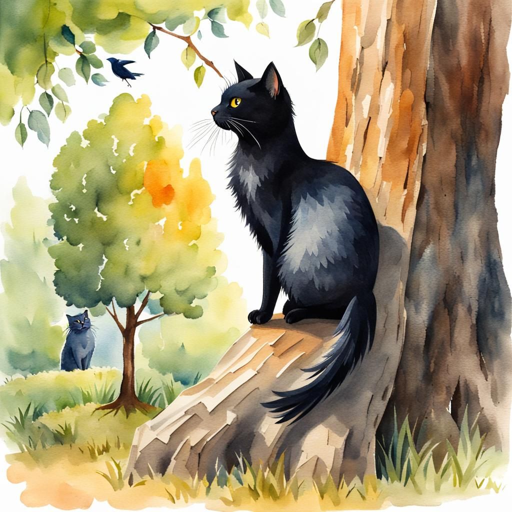 one cat near a tree trunk. her head towards a crow sitting on the tree ...