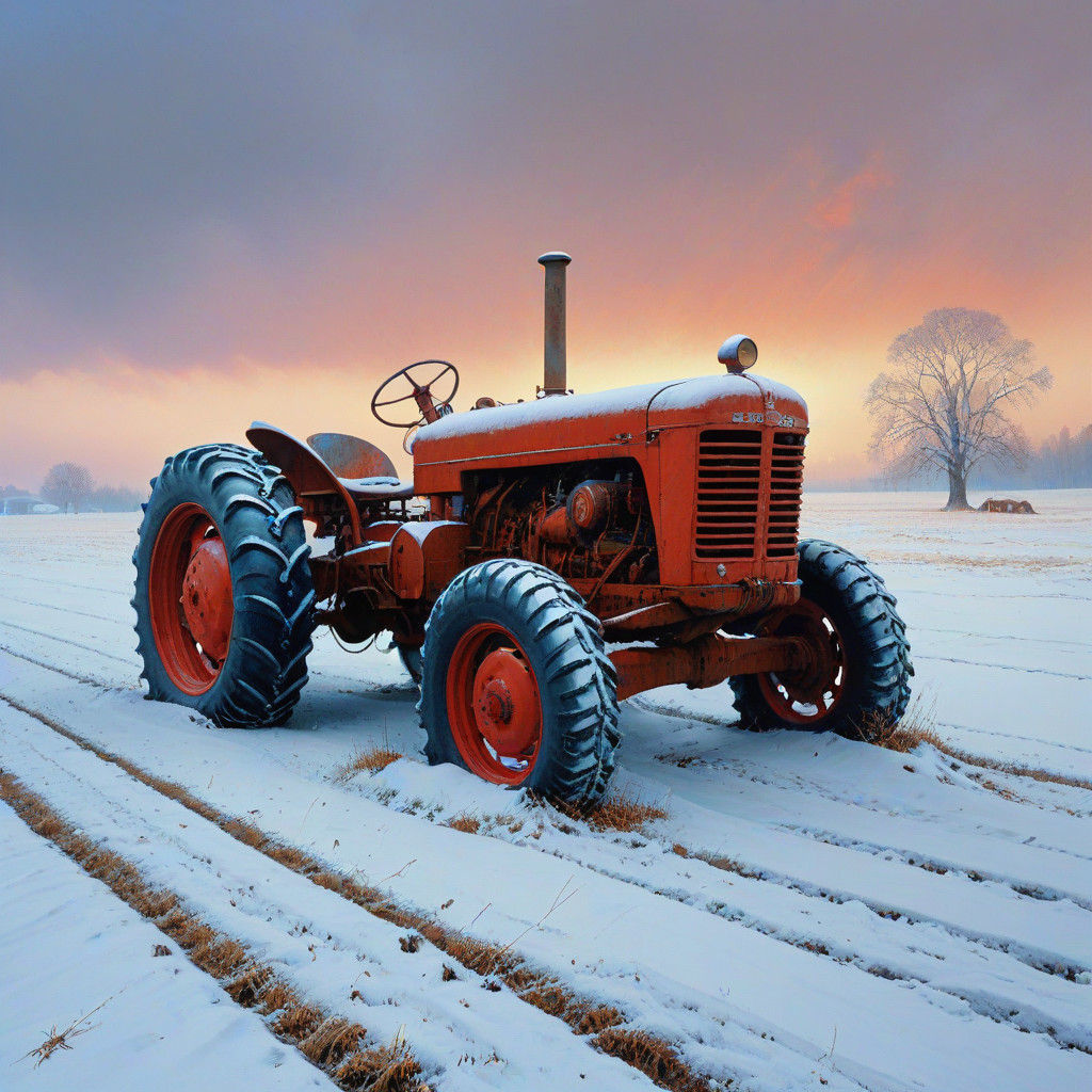 Rusty Red Farm Tractor in Snowy Winter Landscape w... - AI Art