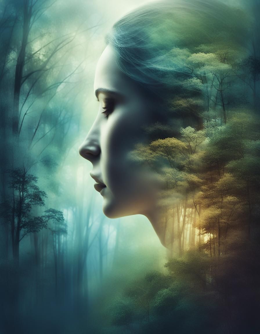 Contemplative woman with eyes closed, merging with nature, double ...