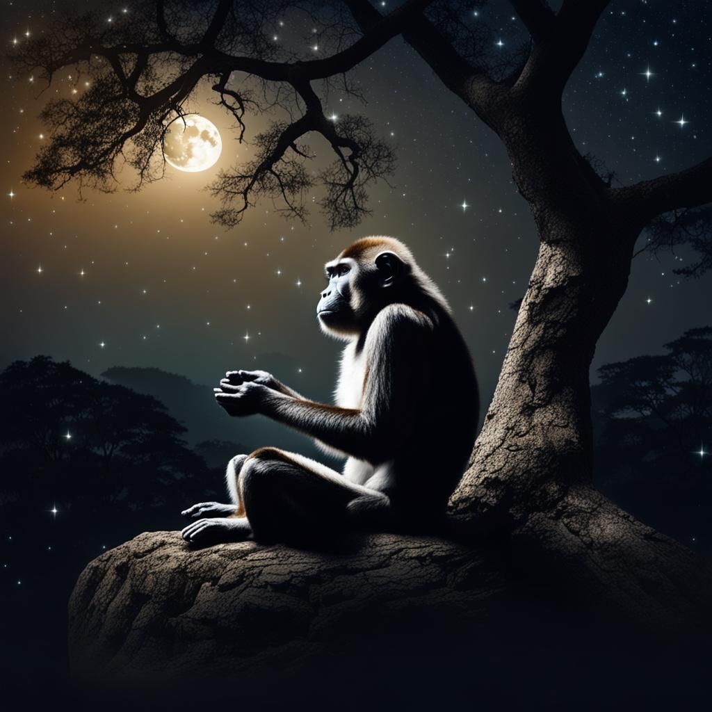 A monkey observes the moon. - AI Generated Artwork - NightCafe Creator