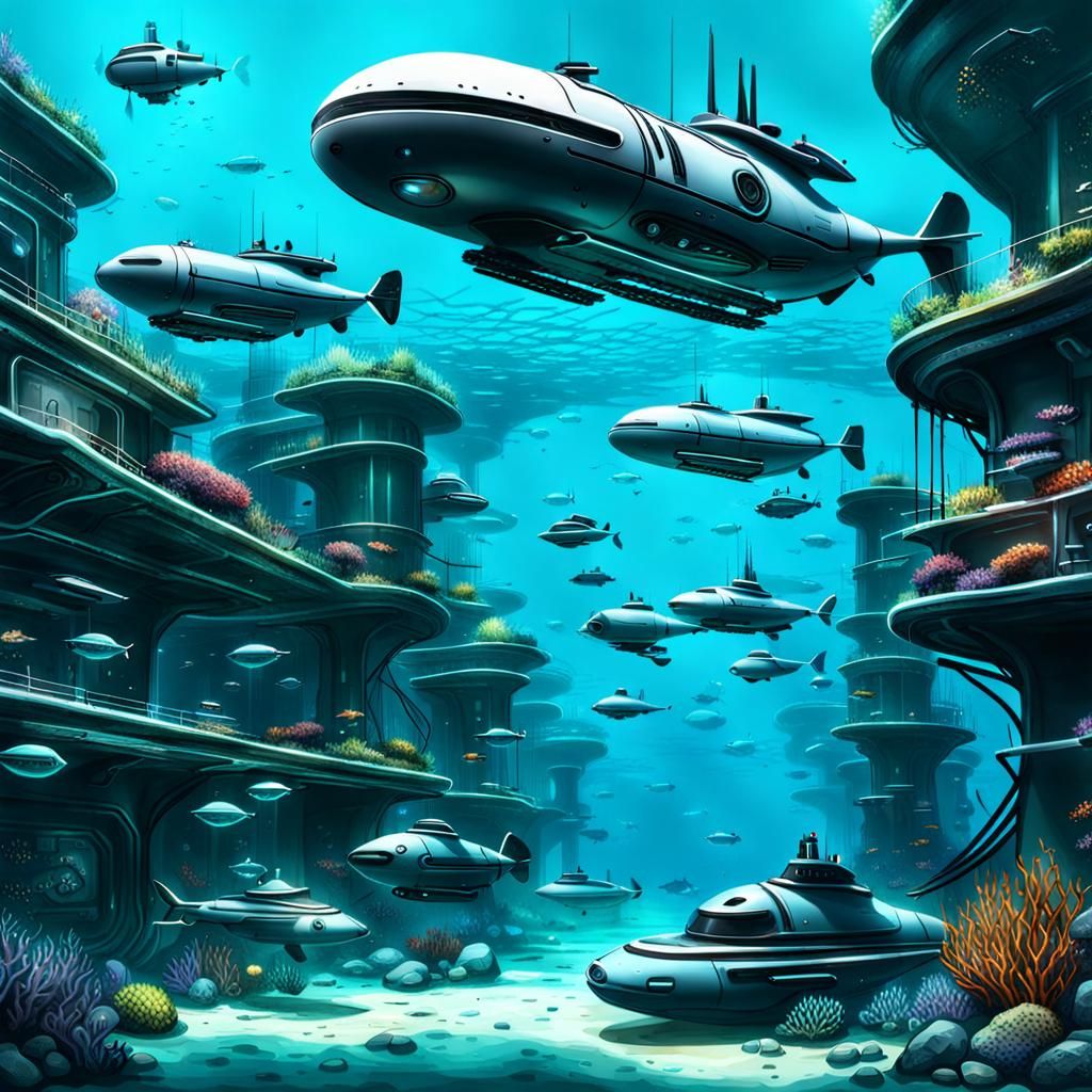 busy futuristic hi-tech underwater neighborhood, personal submarines ...