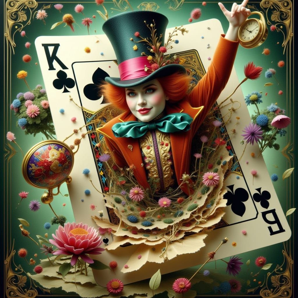 Mad Hatter Card - Whimsical Wonderland Card Scene in Vibrant...