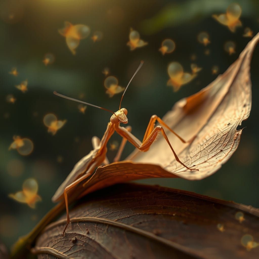 Praying mantis sitting on a dried leaf with fireflies.