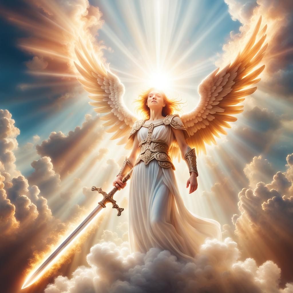 Angel with flaming sword coming down from surreal heaven - AI Generated ...