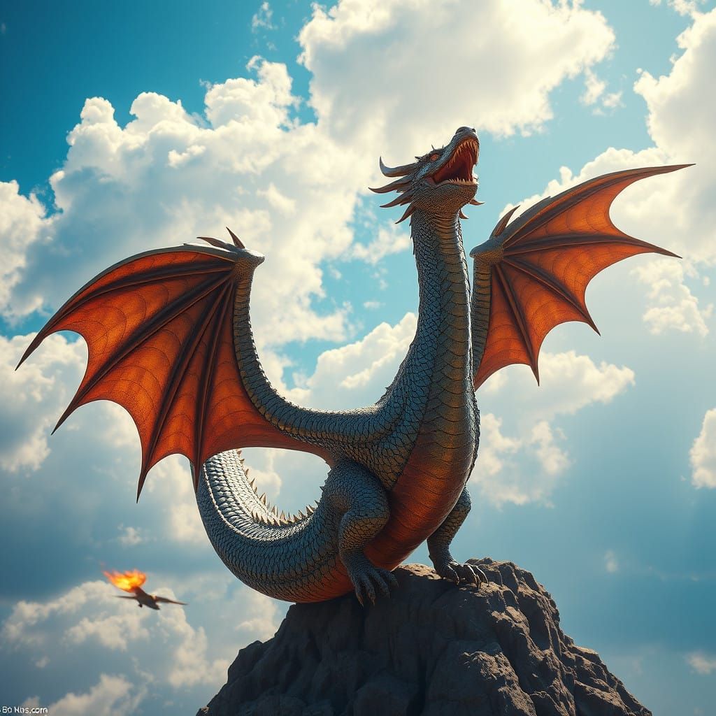 Dragon soars through Vibrant Blue Skies with Iride... - AI Art