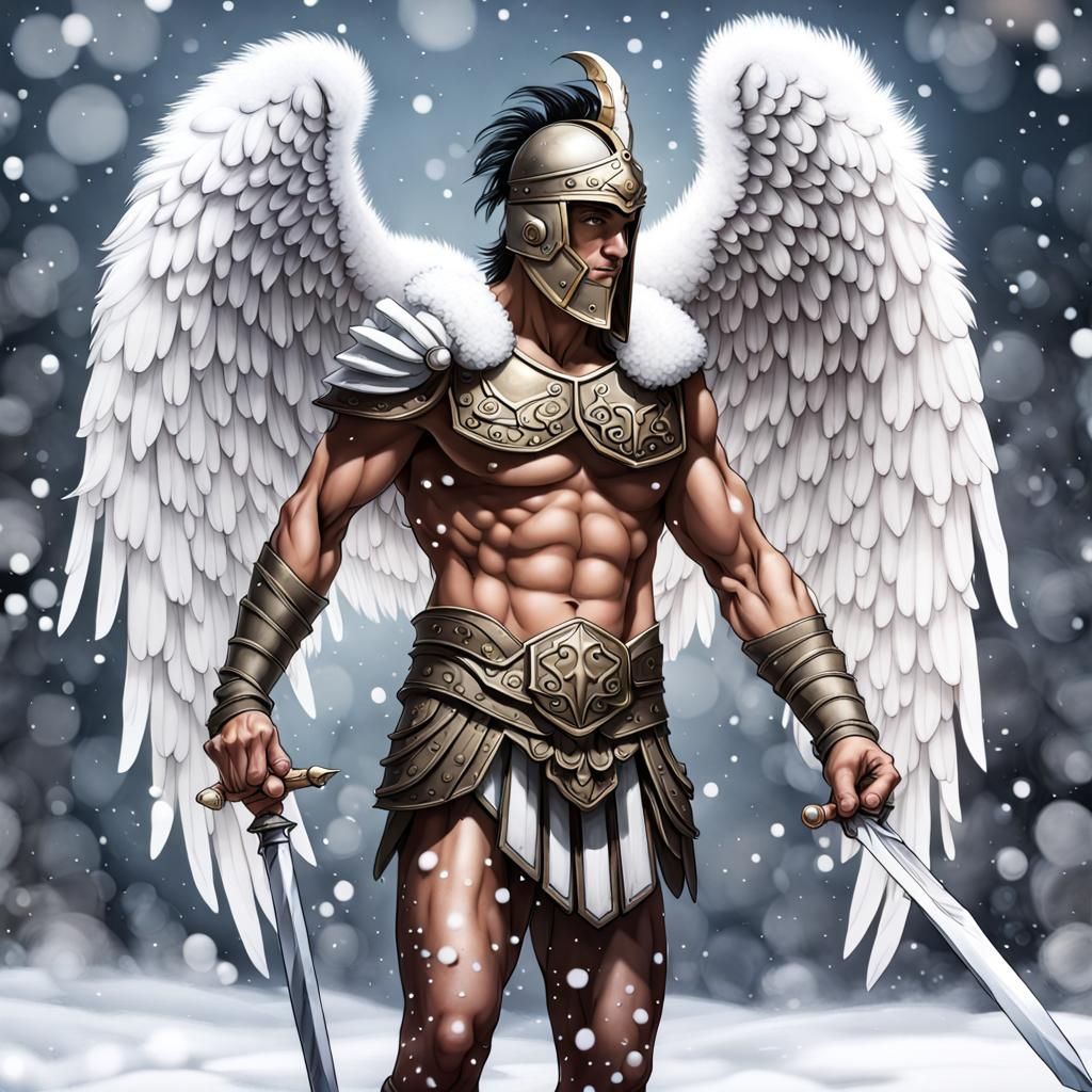 Gladiator with angel wings, snowy background, hyperelliptic - AI ...