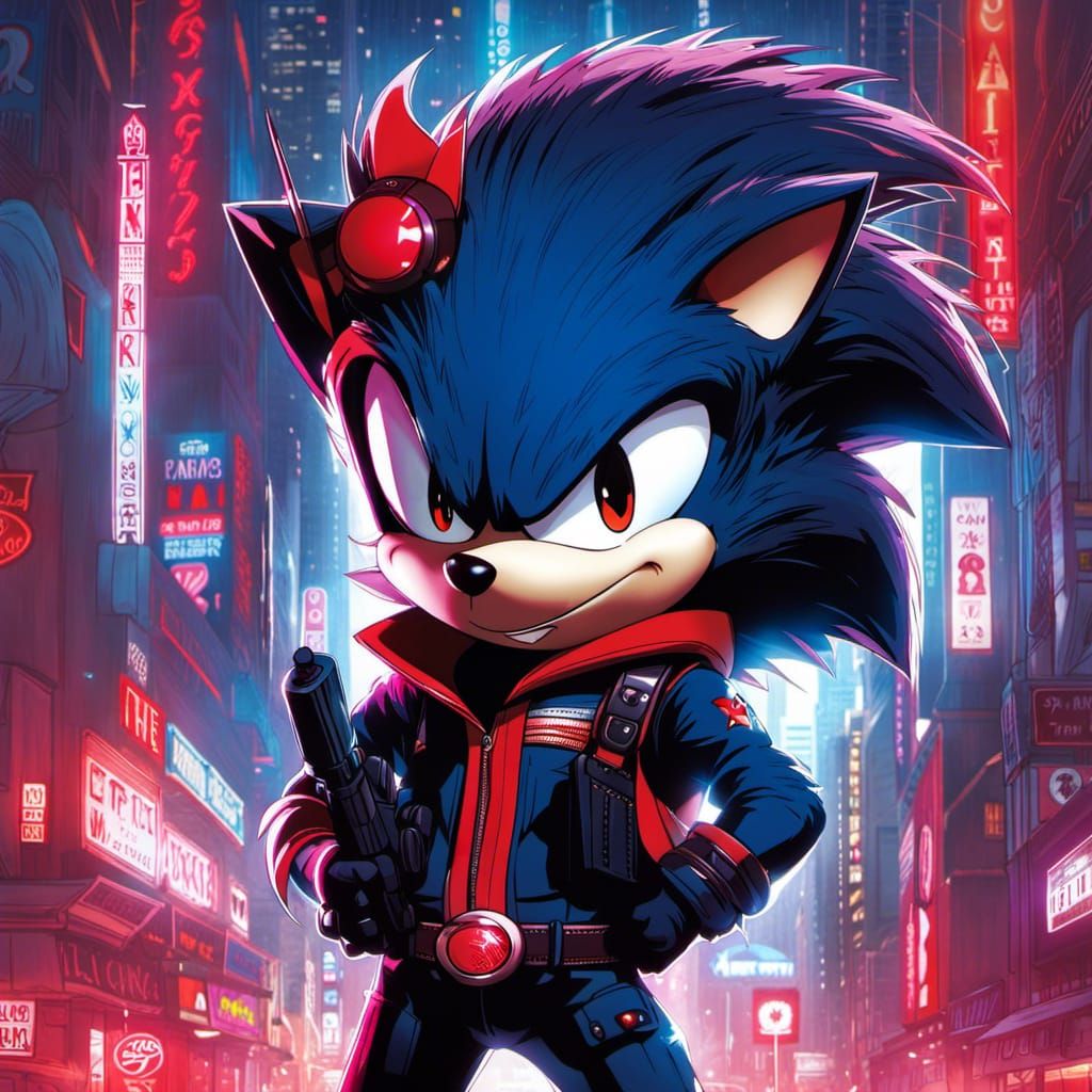 cute spiky black_red_hedgehog cosmic from SEGA with pistol_in_red_glow ...