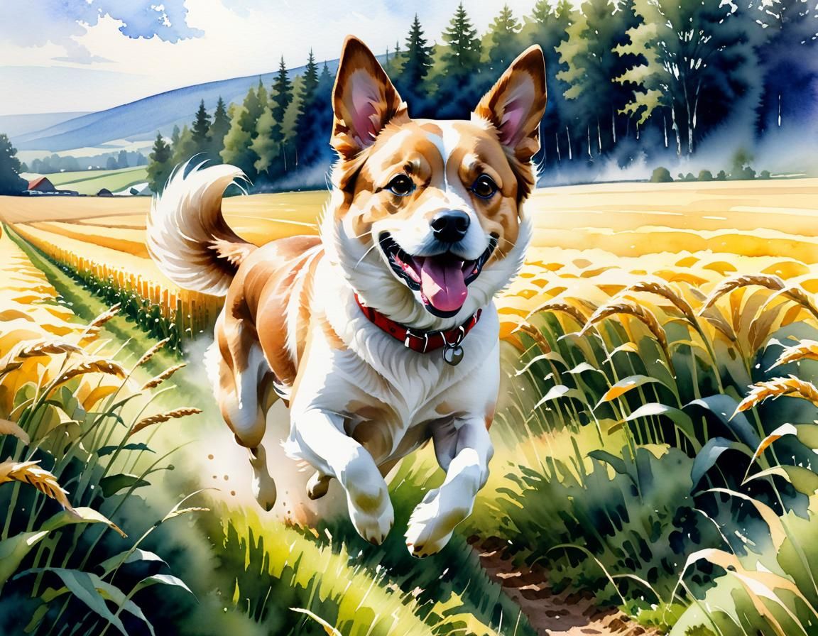 Watercolor painting of a dog running through the fields - AI Generated ...