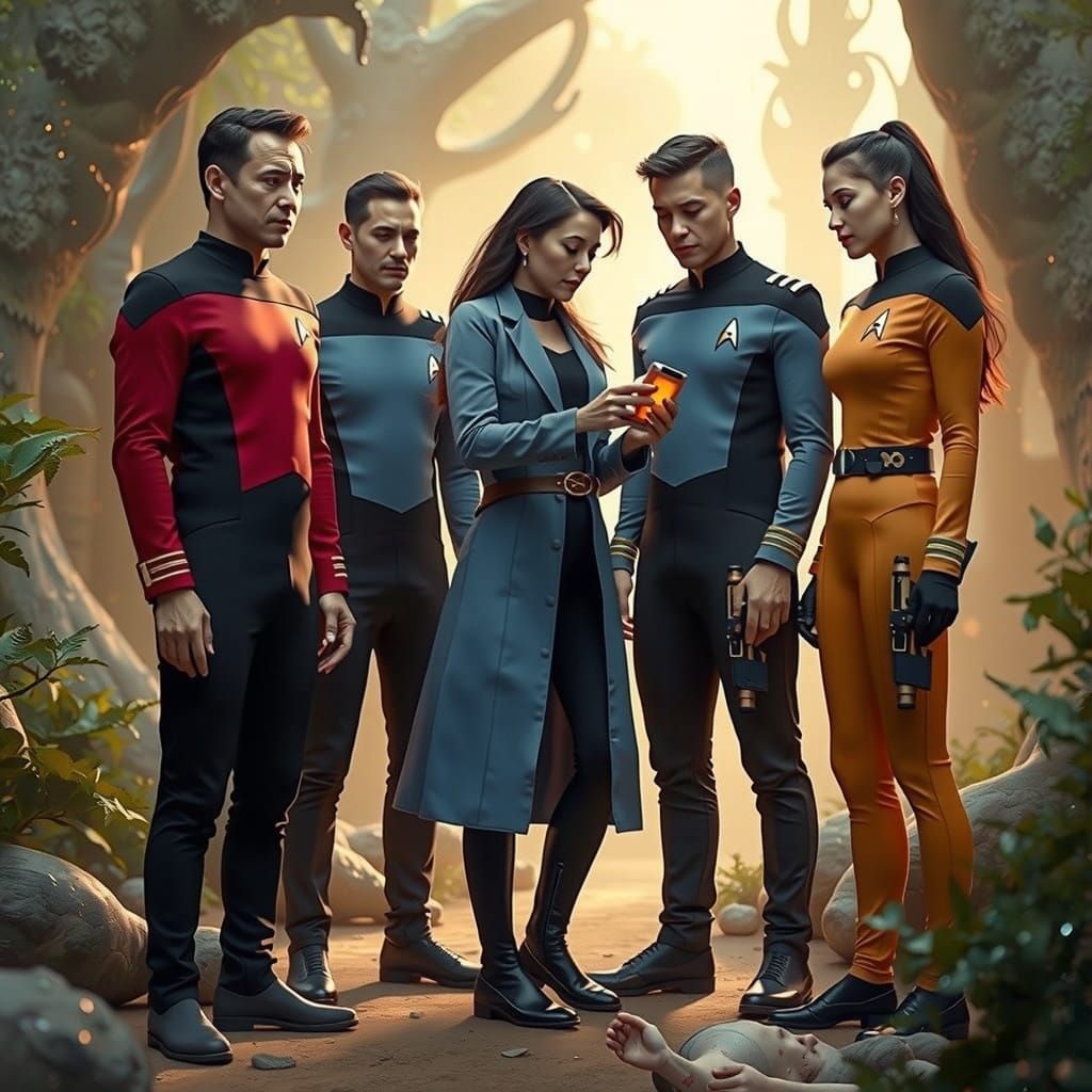 Five Starfleet crewmembers on an away mission, standing together in a ...