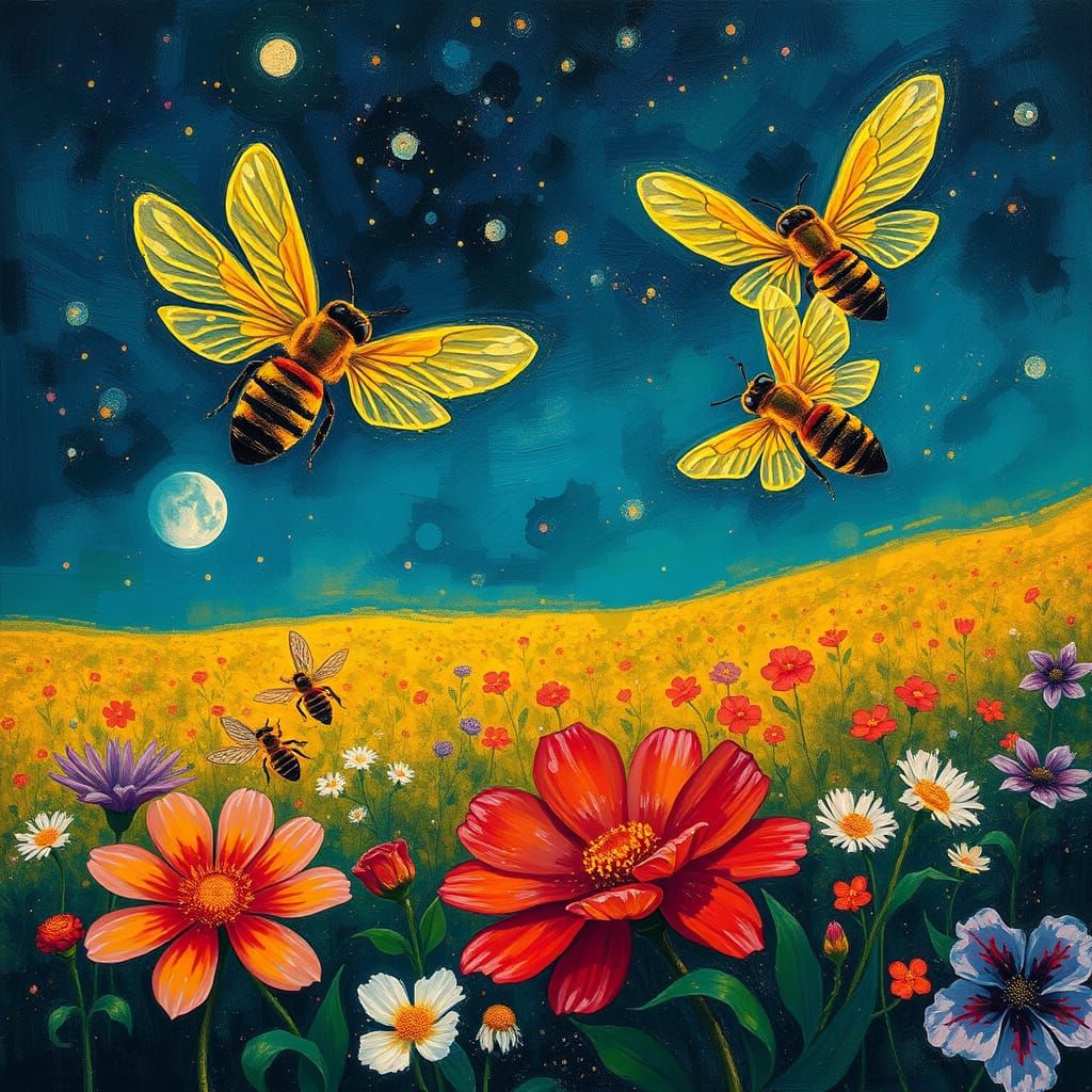 Surrealist Scene of Glowing Bees in a Dreamlike La... - AI Art