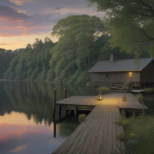 Down by the lake. - Rustic Sunset Scene: Folk Art Style