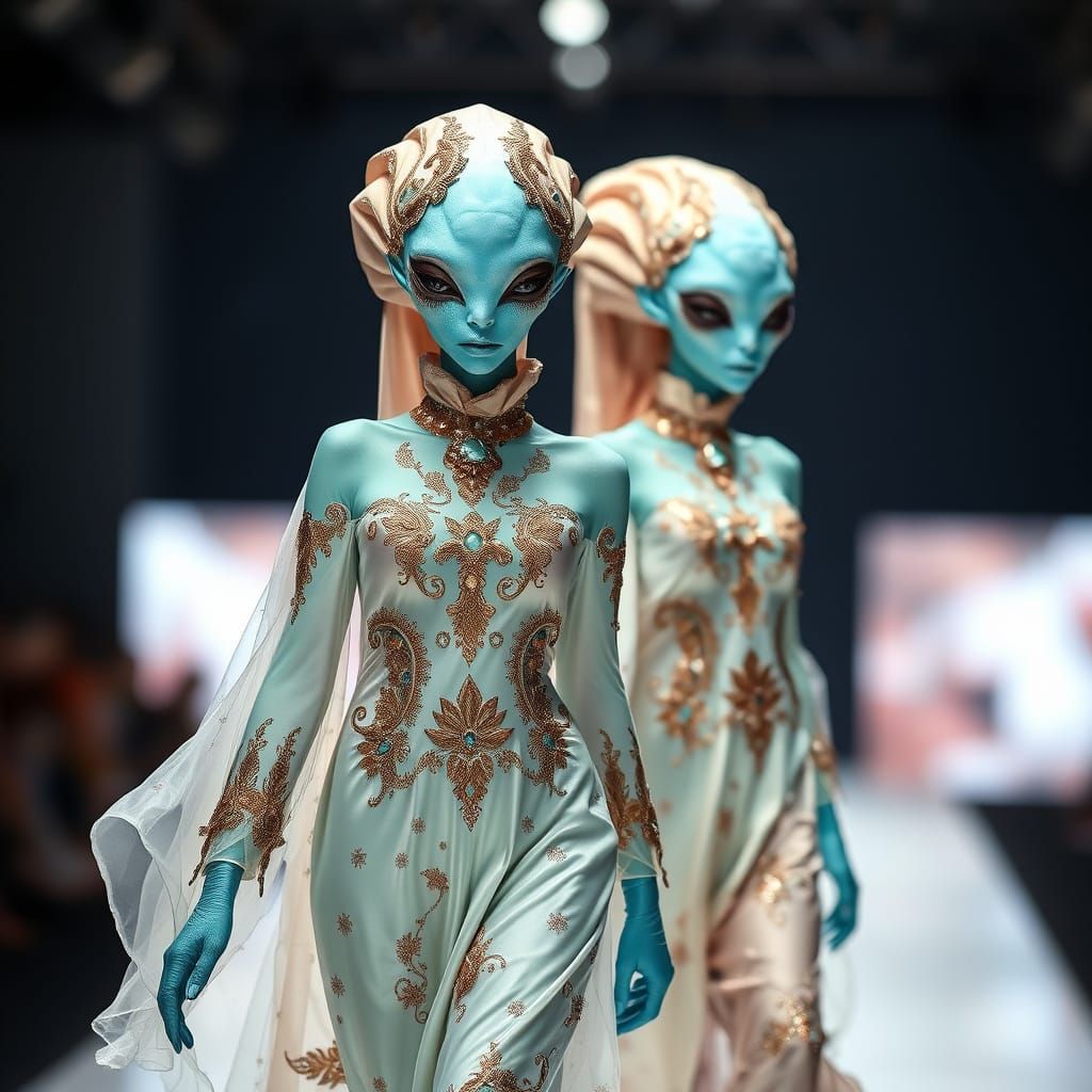 Ethereal Alien Fashionistas Strut Down the Catwalk... - AI Art