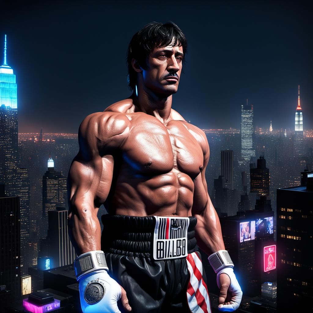 rocky balboa face over laying sky new York city lit up under night ,AMD ...