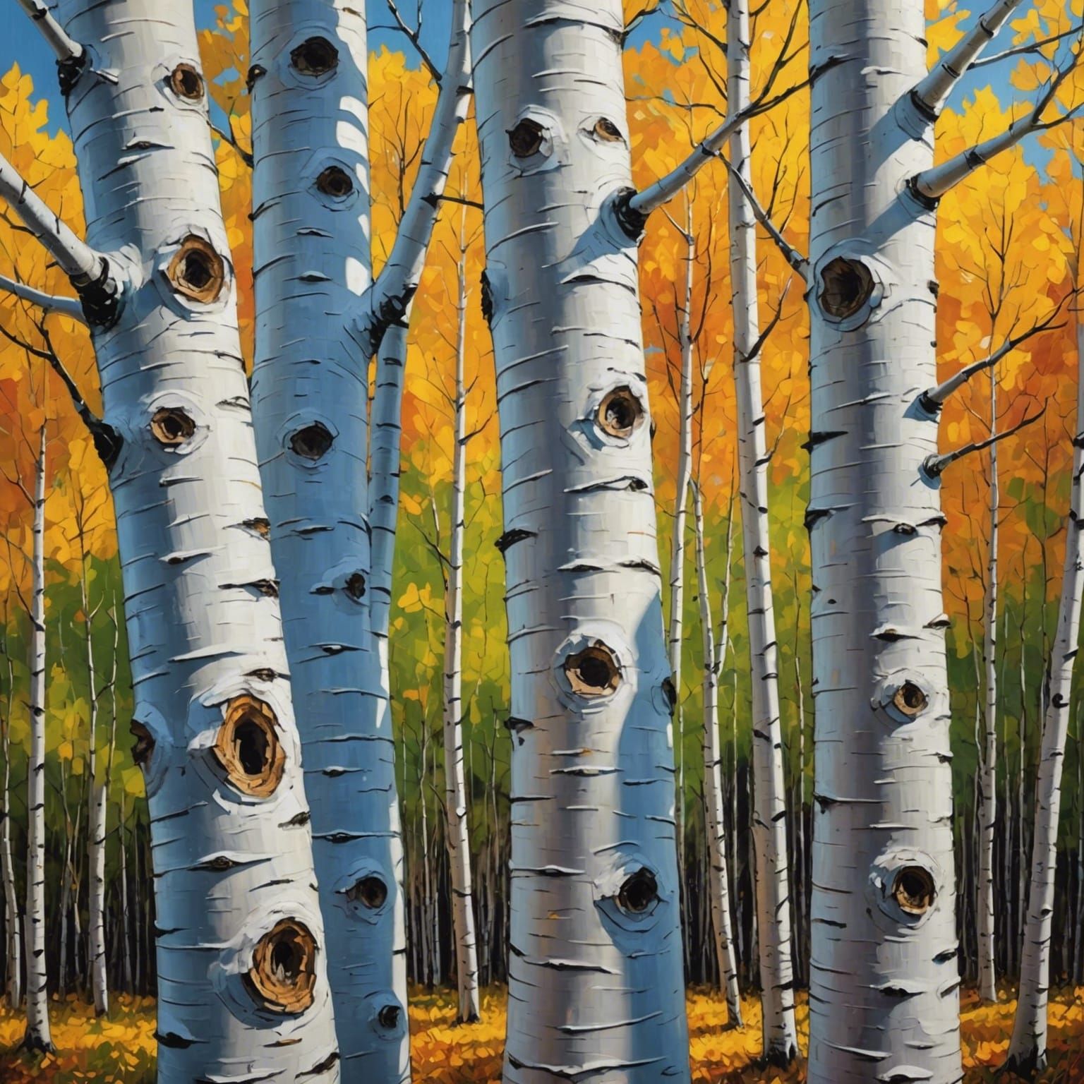 Impasto painting of aspen trees with gnarly bark . Sunlight ...