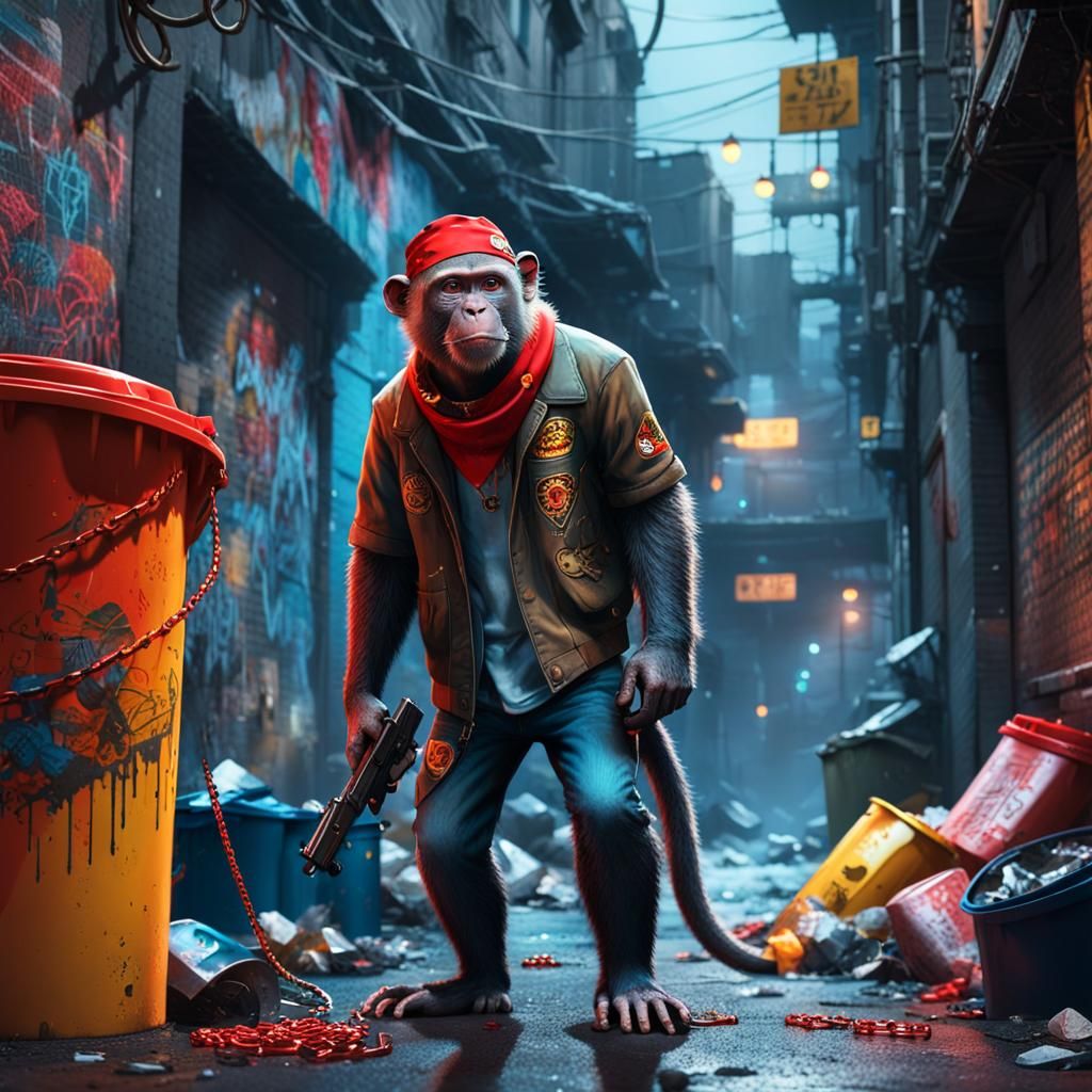 Gritty Urban Fantasy Monkey in a Neon-Glitzy Alley... - AI Art