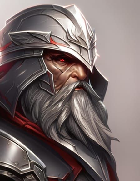 Dark gray skin dwarf, white beard, red eyes. Evil. Black helm, Heavy ...