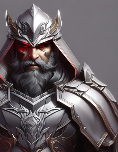 Dark gray skin dwarf, white beard, red eyes. Evil. Black helm, Heavy ...