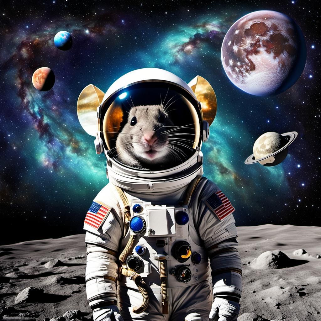 Photograph, Mouse in space helmet and suit on the moon surface, starry ...