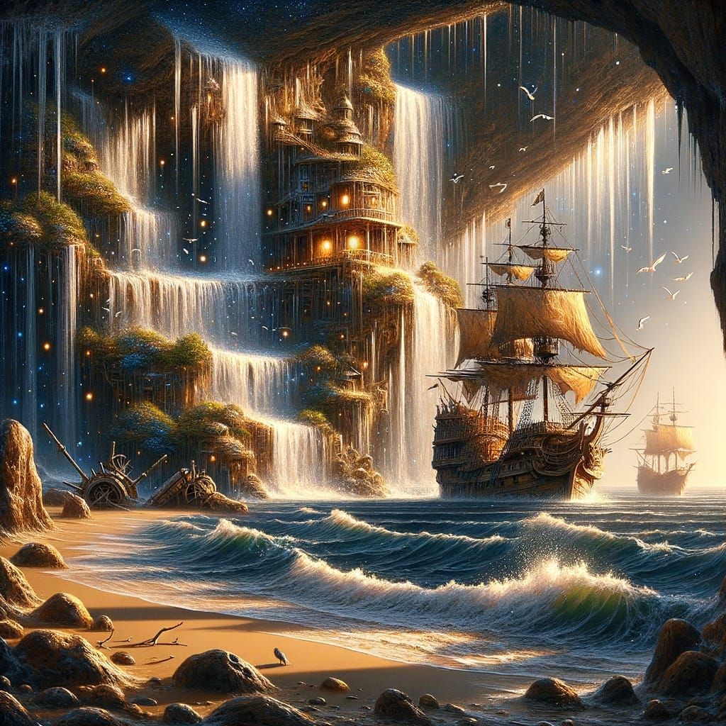 Ethereal Pirate Hideaway Behind Waterfall on Sandy... - AI Art