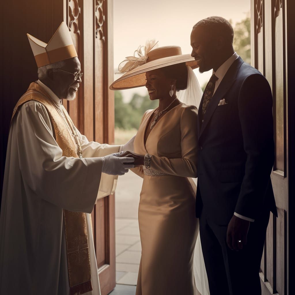 An African-American church Deacon greets members of a historically ...