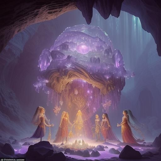 A cave adorned in crystals, six girls standing around a large, glowing ...