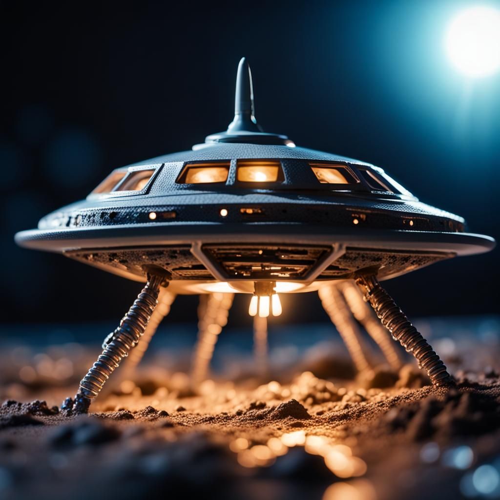Photograph, Macro, glowing miniature alien spaceship with alien in it ...