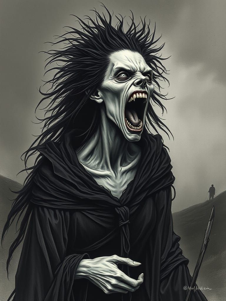 Screaming Banshee in Dark Charcoal Sketch Style - AI Art