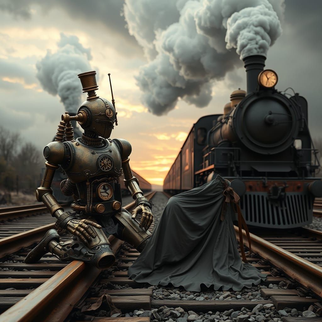Vintage Robot Rescues Damsel from Train Tracks in ... - AI Art