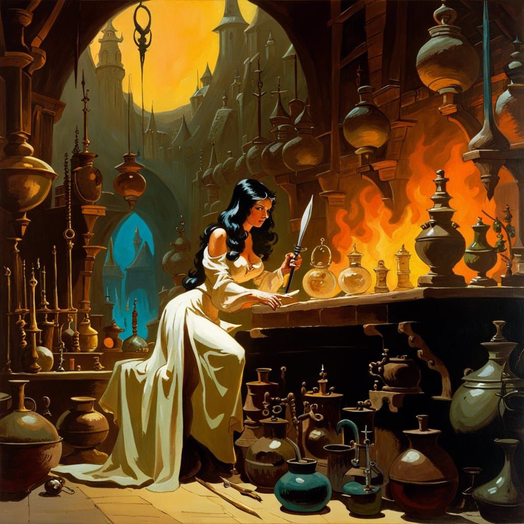 medieval female alchemist in her complex laboratory by artist "Frank ...