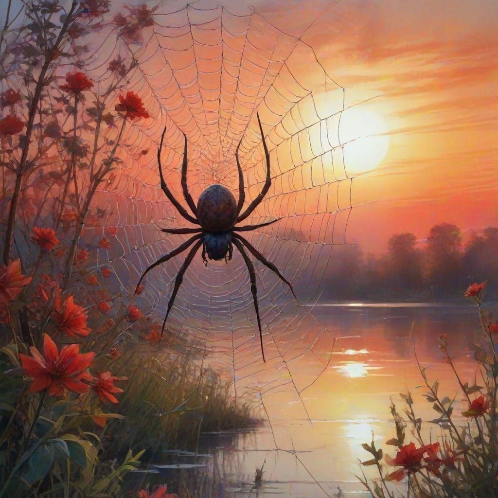 Spider Sunset - Whimsical Spider in Vibrant Sunset Watercolo...