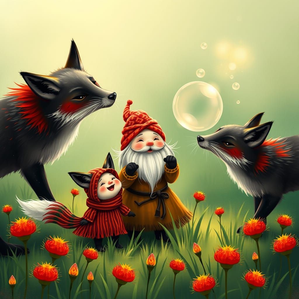 Two melanistic with red accents foxs playing with an Icelandic gnome ...