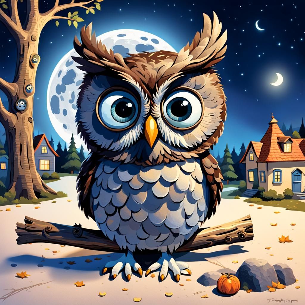 a googly-eyed owl sits on a tree, the tree has a mouth, a nose and ...