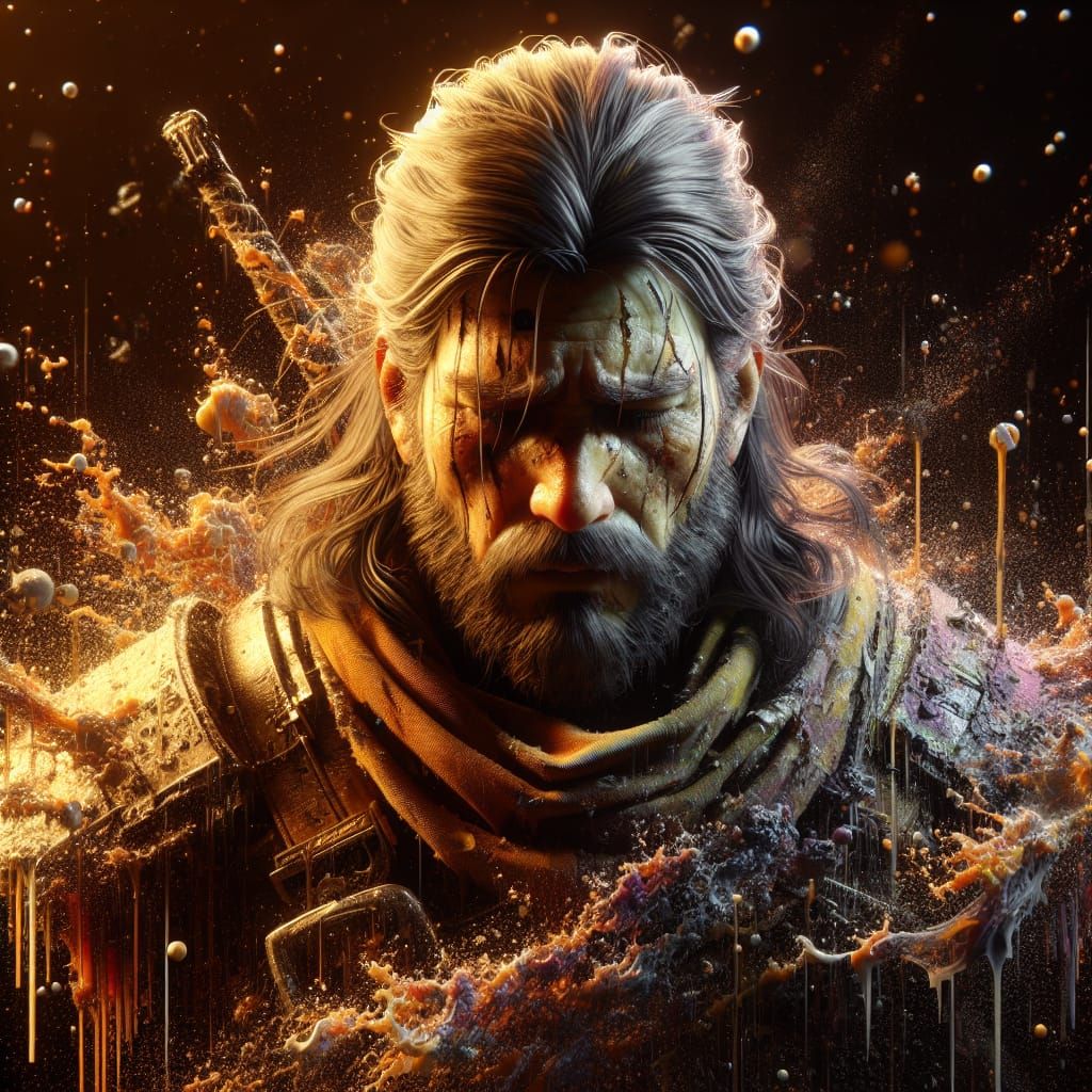 Saddened Warrior in a Somber Portrait, Rendered in... - AI Art