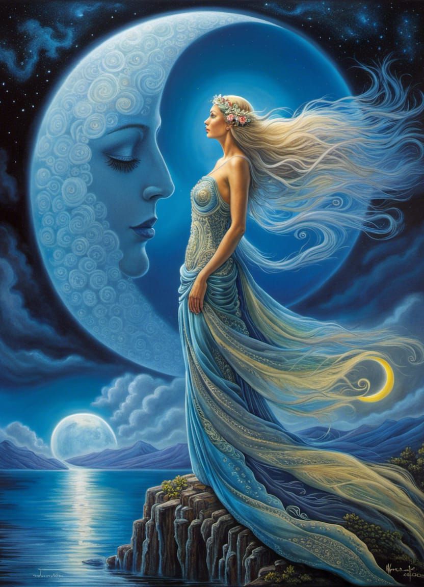 Side profile full body shot of surreal giant magical female spirit with ...