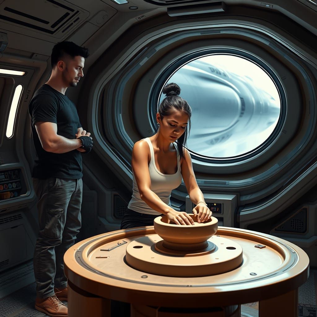 Woman at Pottery Wheel in Futuristic Spacecraft - AI Art