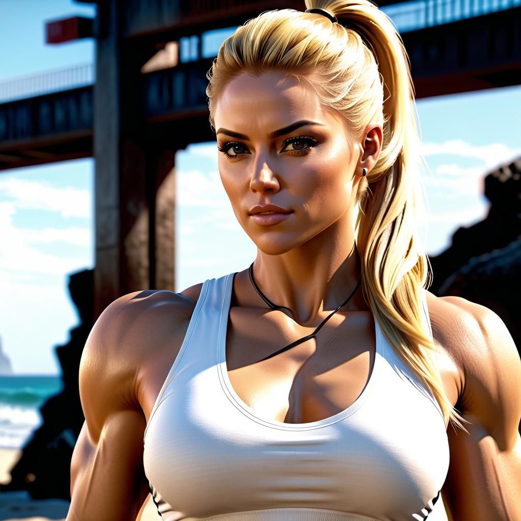 Sonya Blade at a beach in Los Angeles at sunset - AI Generated Artwork - NightCafe Creator