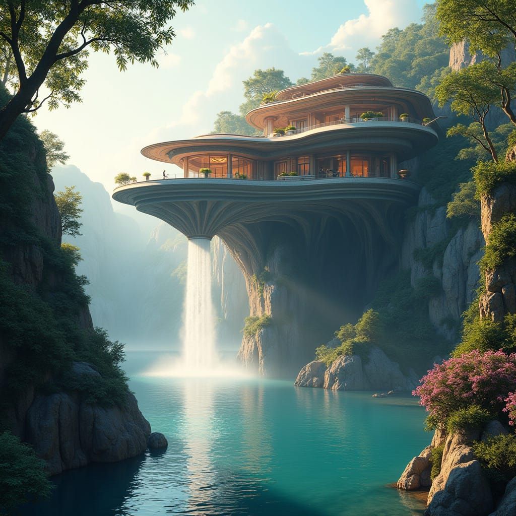 Ethereal Cliffside Oasis in Cyberpunk Style - AI Art