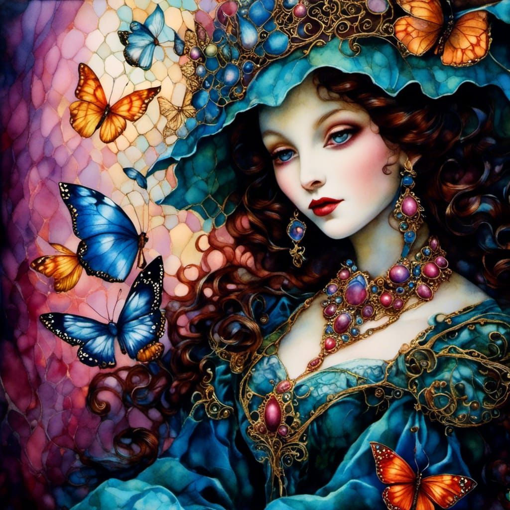 Filigree, Harlequin, alcohol ink, deep saturation, 🧚‍♀️, 🌠, Brian Froud, Kinuko Y. Craft, - AI ...