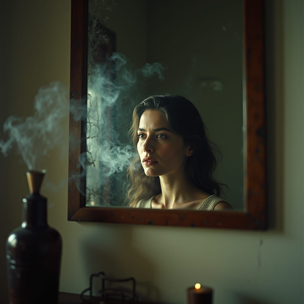 Faded Portrait Reflected in a Cracked Mirror with ... - AI Art