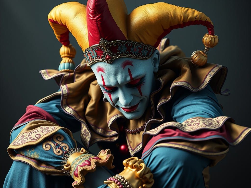 Melancholic Court Jester in Vibrant, Tattered Cost... - AI Art