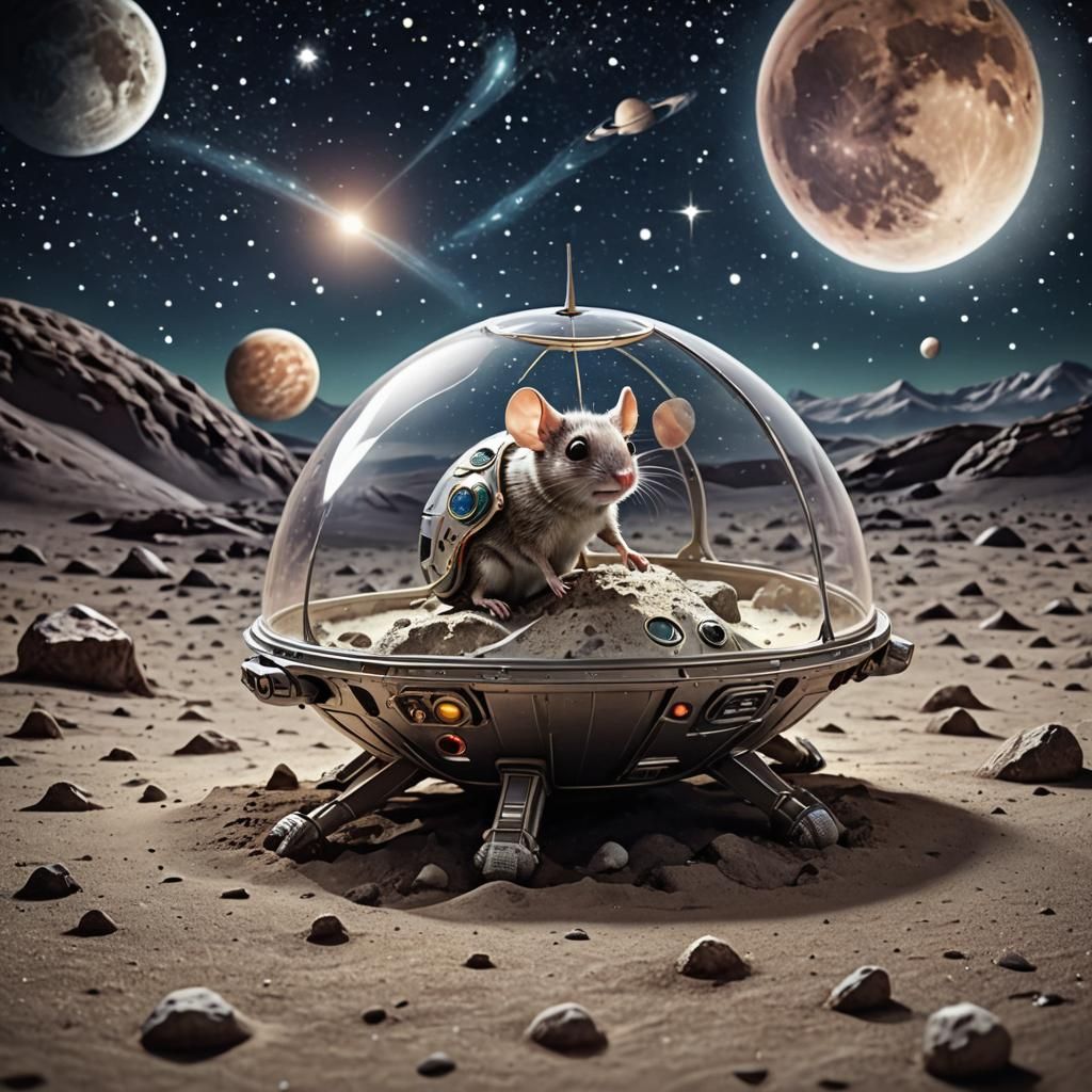 alien mouse in mini spaceship on the moon surface, starry night sky ...